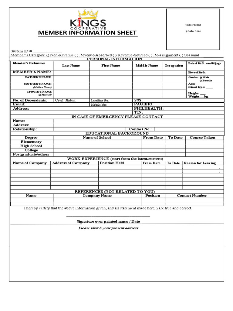 Member Info Sheet | PDF