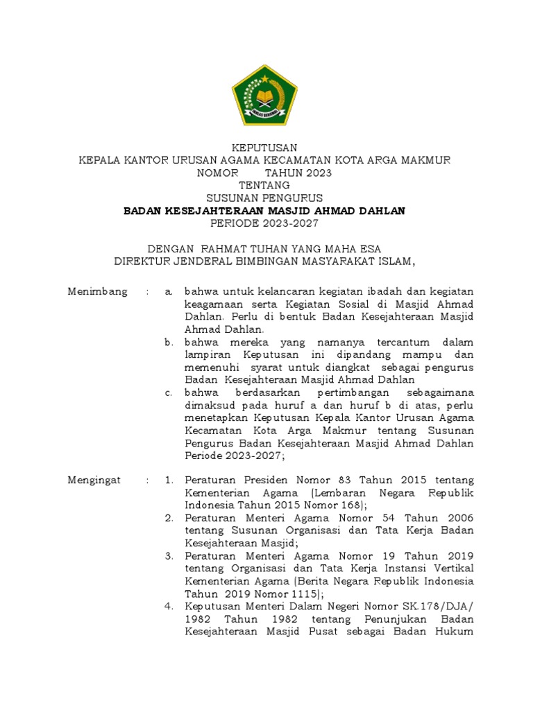 Susunan Pengurus BKM Ahmad Dahlan 2023-2027 | PDF