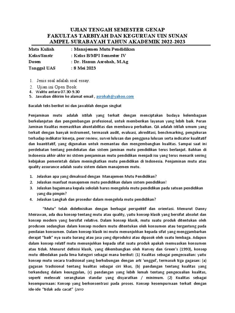 Soal Uts Manajemen Mutu 2023 - 2 | PDF