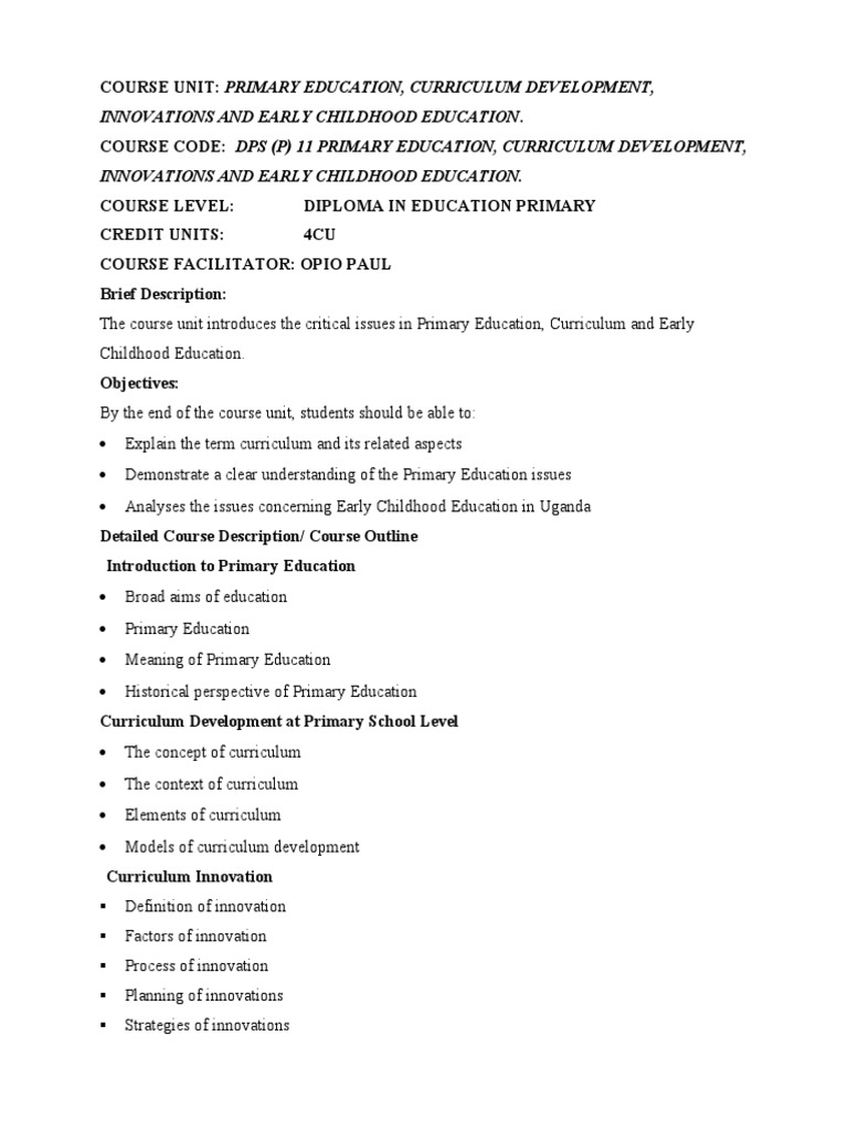 Primary Education Curriculum Development And Innovation Pdf