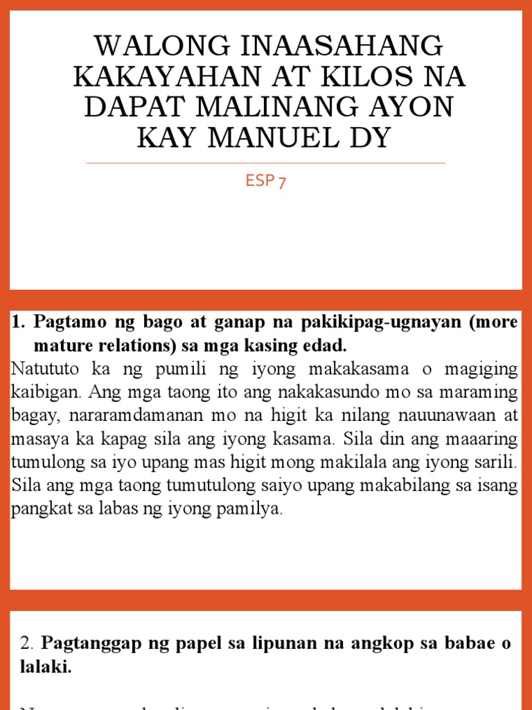 ESP7_Q1_Walong inaasahang kakayahan at kilos na dapat malinang.pptx | PDF