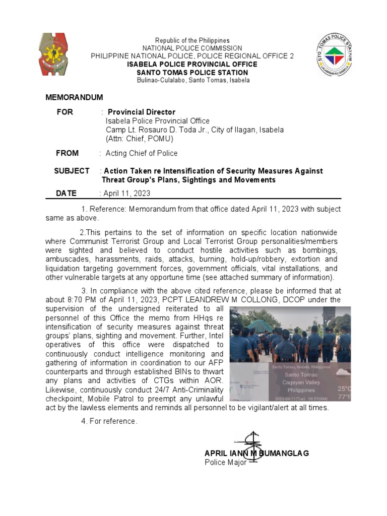 Action Taken Re Intensification of Security Measures Against Threat ... Action Taken Re Intensification of Security Measures Against Threat ...