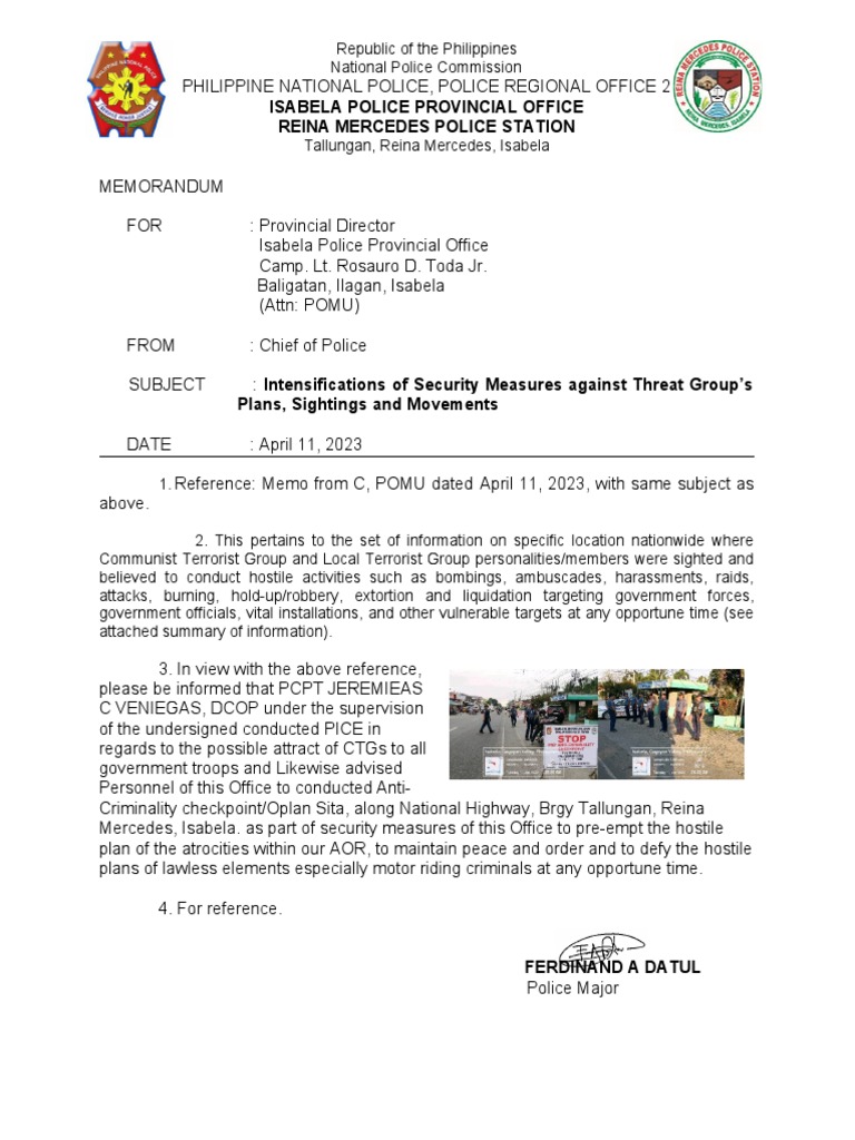 Philippine Police Memo on Heightened Security Against Terrorist Groups ...