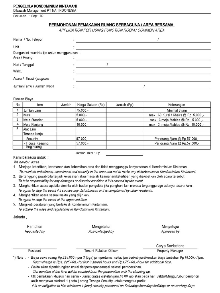 Formulir Permohonan Pemakaian Ruang Serbaguna (4).xls | PDF