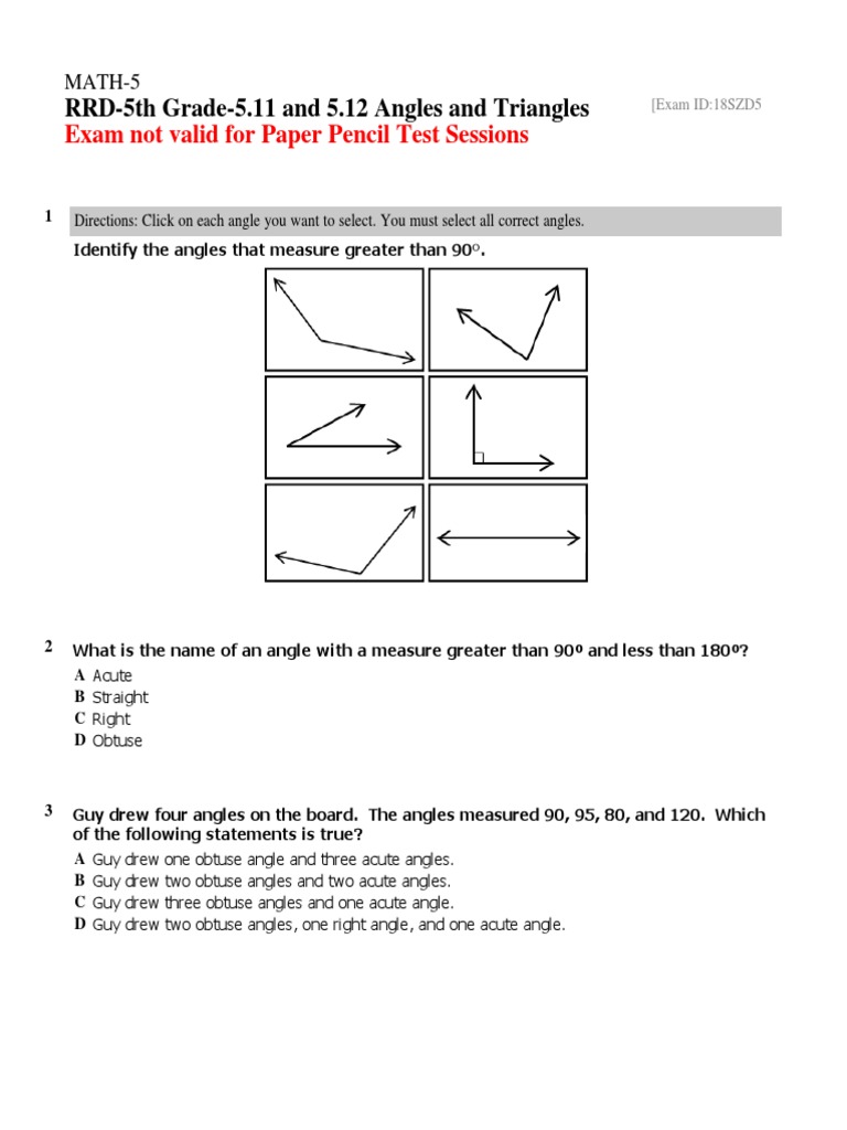 5th Grade Math Exam on Angles and Triangle Types - With Detailed ...