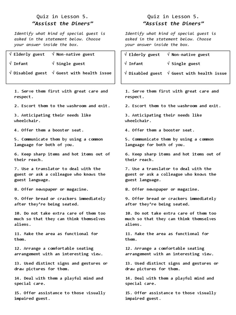Quiz in Lesson 5. Assist The Diners | PDF