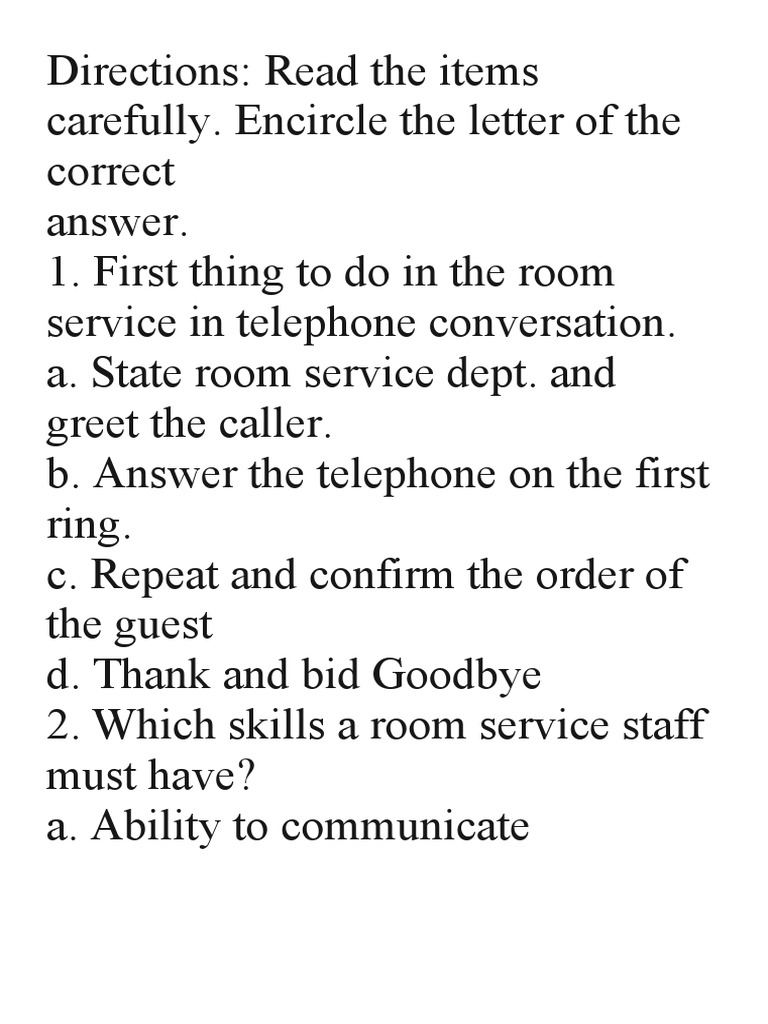 Lesson 1 - Room Service - 4th Quarter | PDF