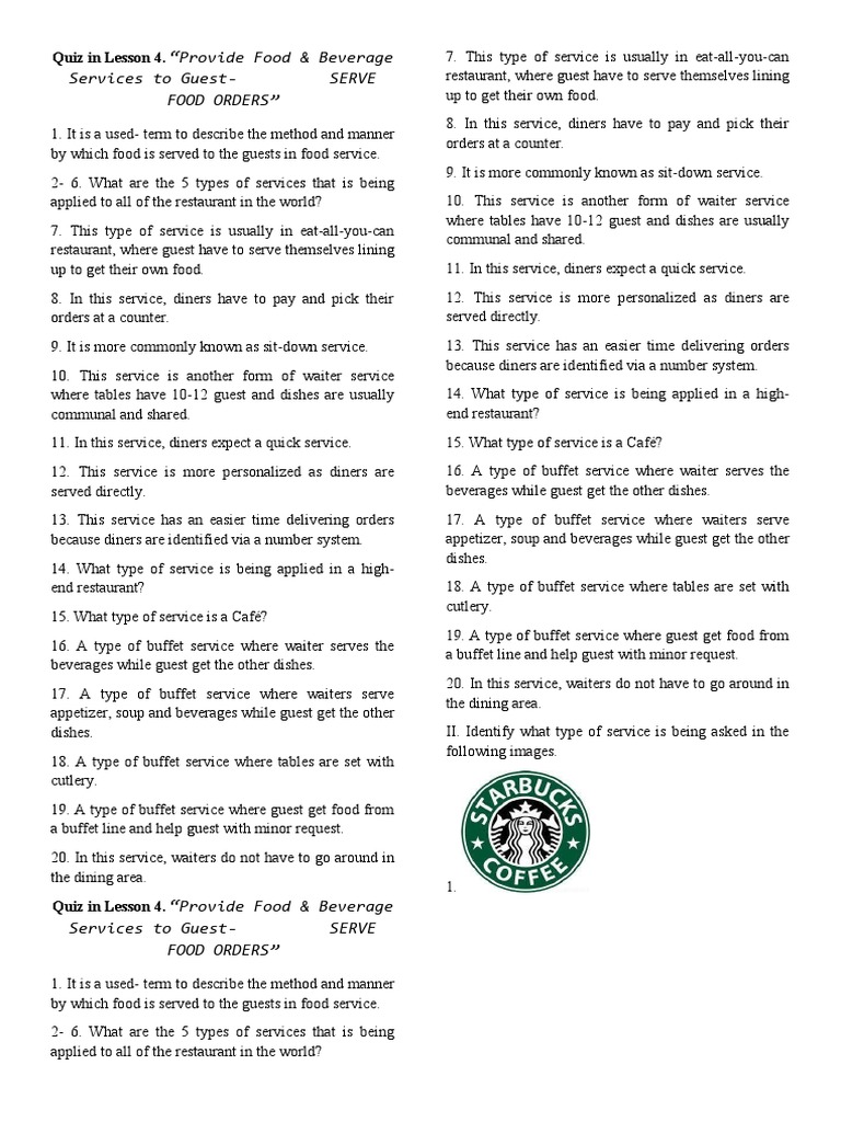 Quiz in Lesson 4. Types of Service | PDF