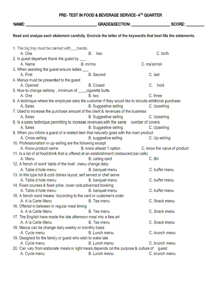 Pretest in FBS 4TH Quarter | PDF