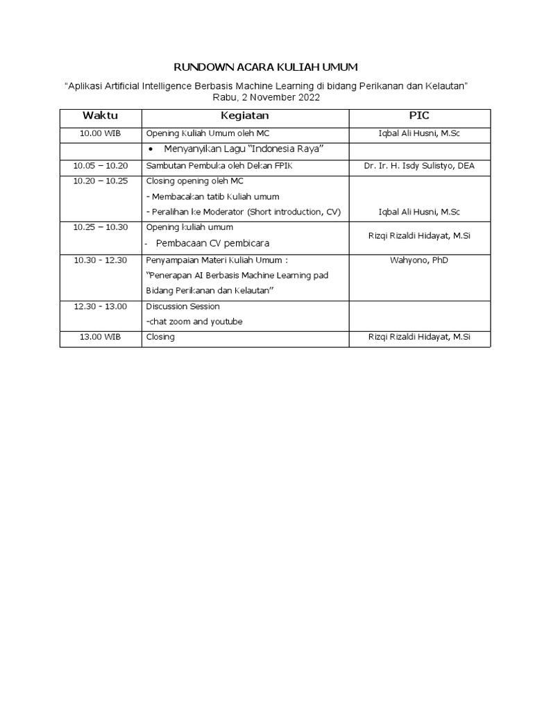 Susunan Acara Kuliah Umum IKL 3 | PDF