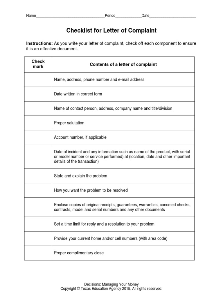 Checklist For Letter of Complaint | PDF