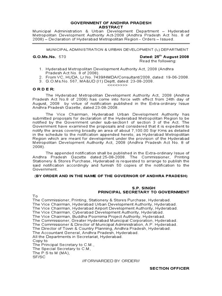 HMDA Notification 2 - Declaration of Hyderabad Metropolitan Region | PDF