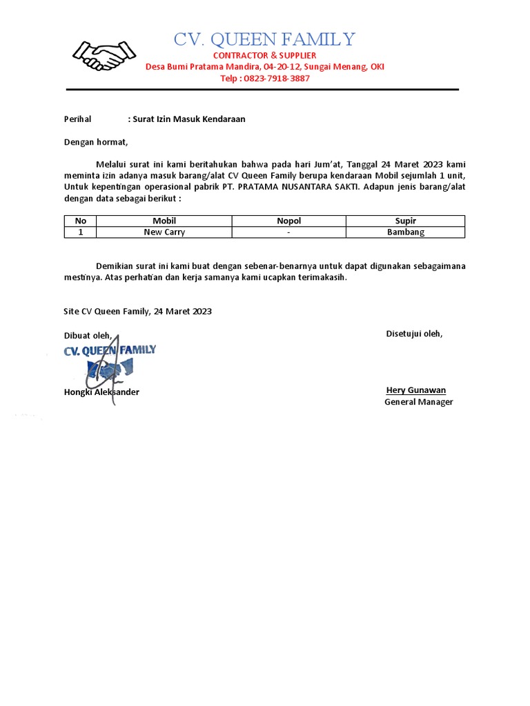 Surat Izin CV Queen-1 | PDF