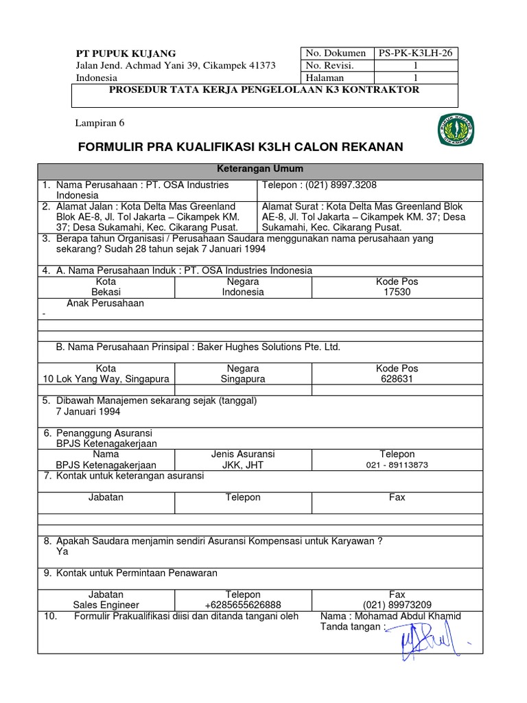 Formulir Pra Kualifikasi K3LH | PDF