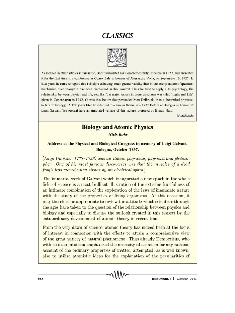 Biology and Atomic Physiscs Niels Bohr PDF | PDF