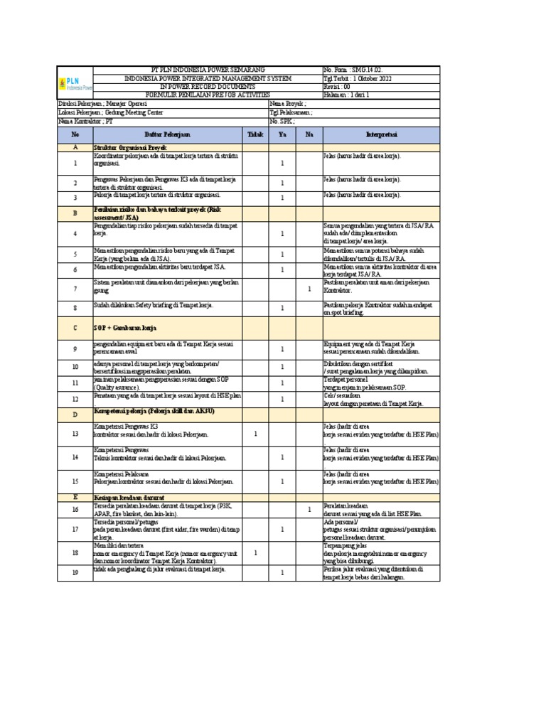 Formulir Penilaian Pra Pekerjaan PT PLN Indonesia Power Semarang | PDF