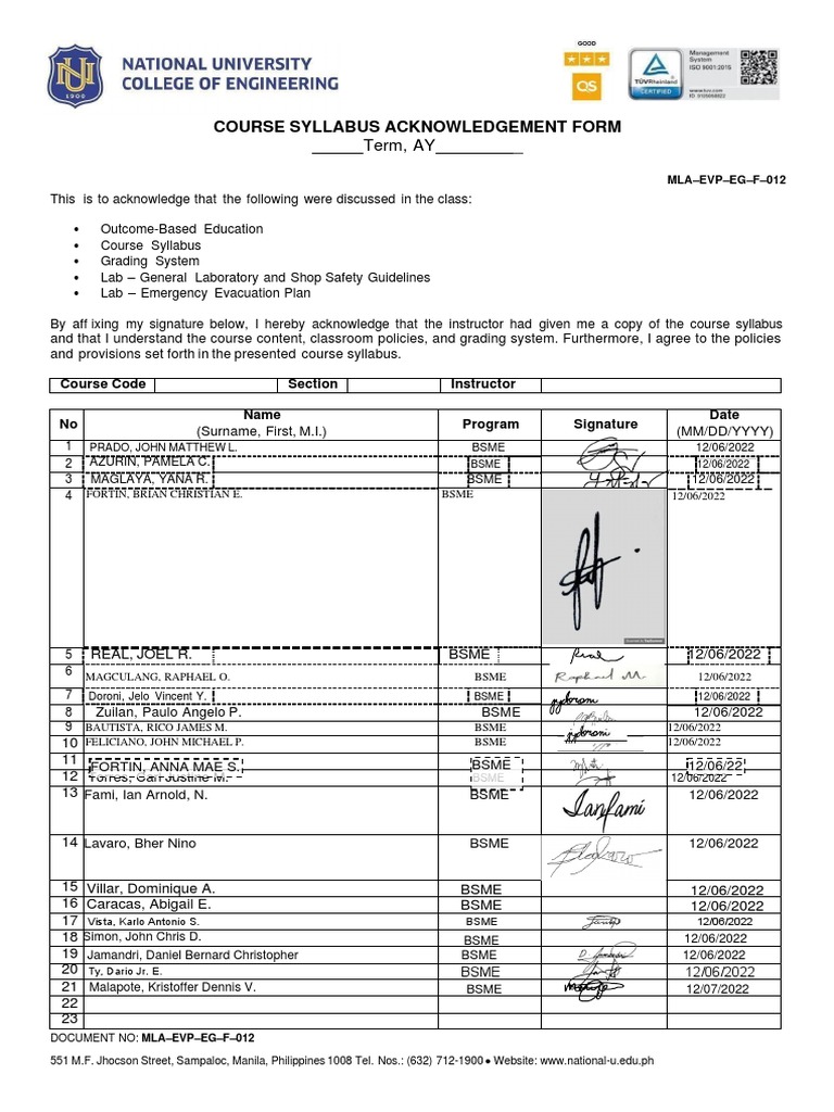MLAEVPEGF012-Course-Syllabus-Acknowledgement-Form-1 666 PDF | PDF