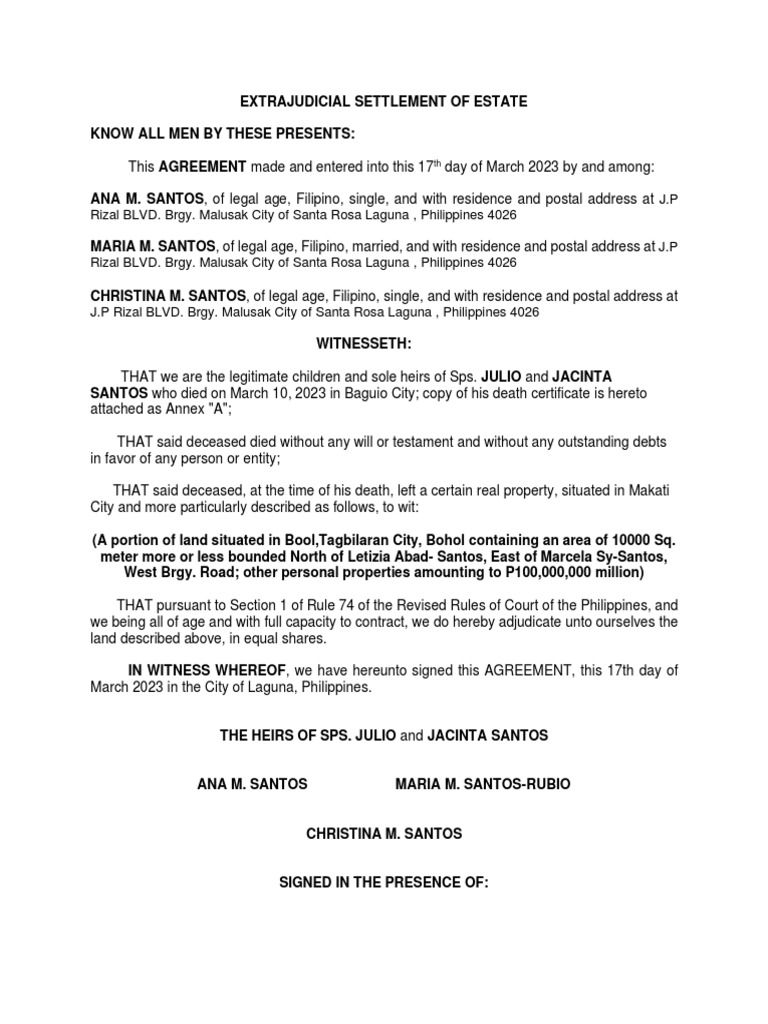Extrajudicial Estate Settlement Agreement | PDF | Common Law | Justice