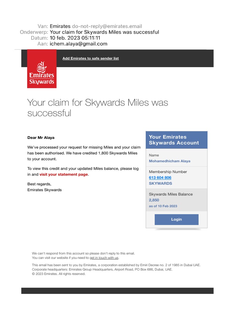 Your Claim For Skywards Miles Was Successful Pdf Pdf