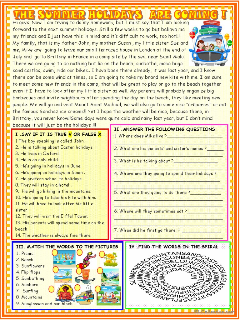 Summer Holidays Reading Comprehension | PDF