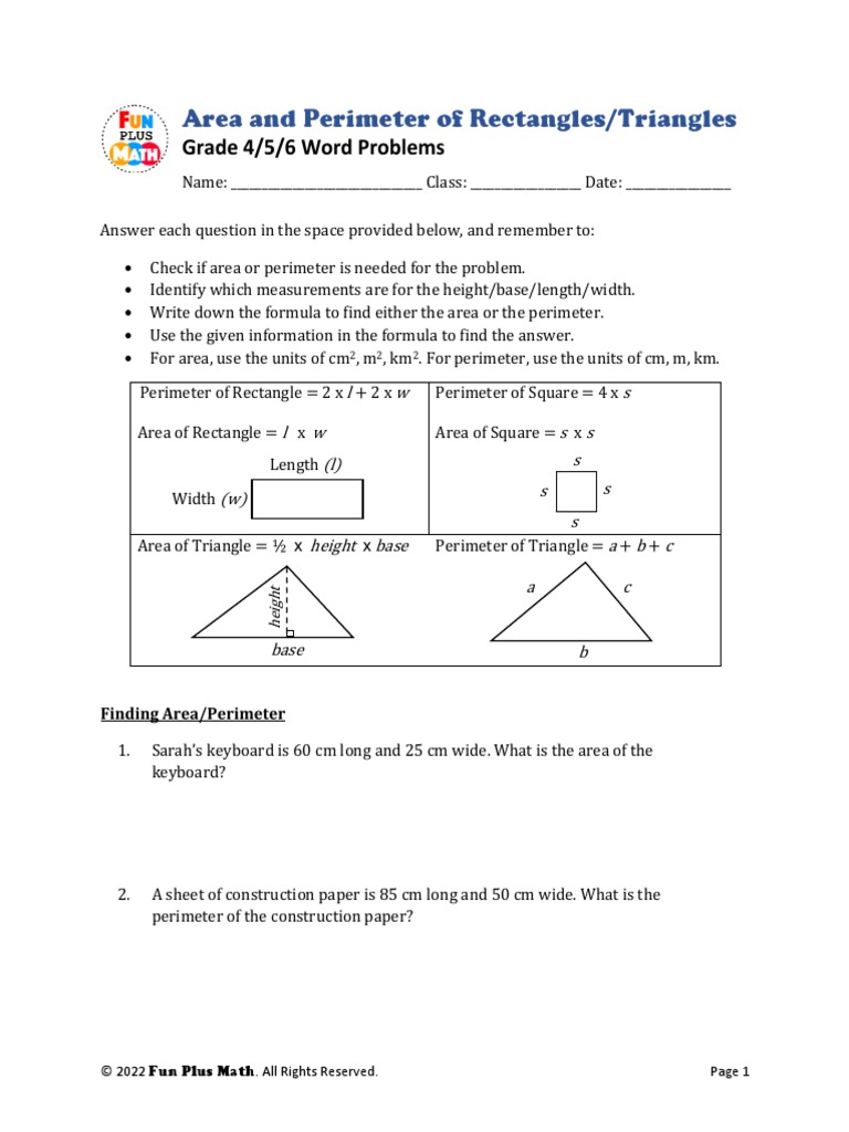 4th Grade Math Word Problems Area And Perimeter Grade 4 Word Problems