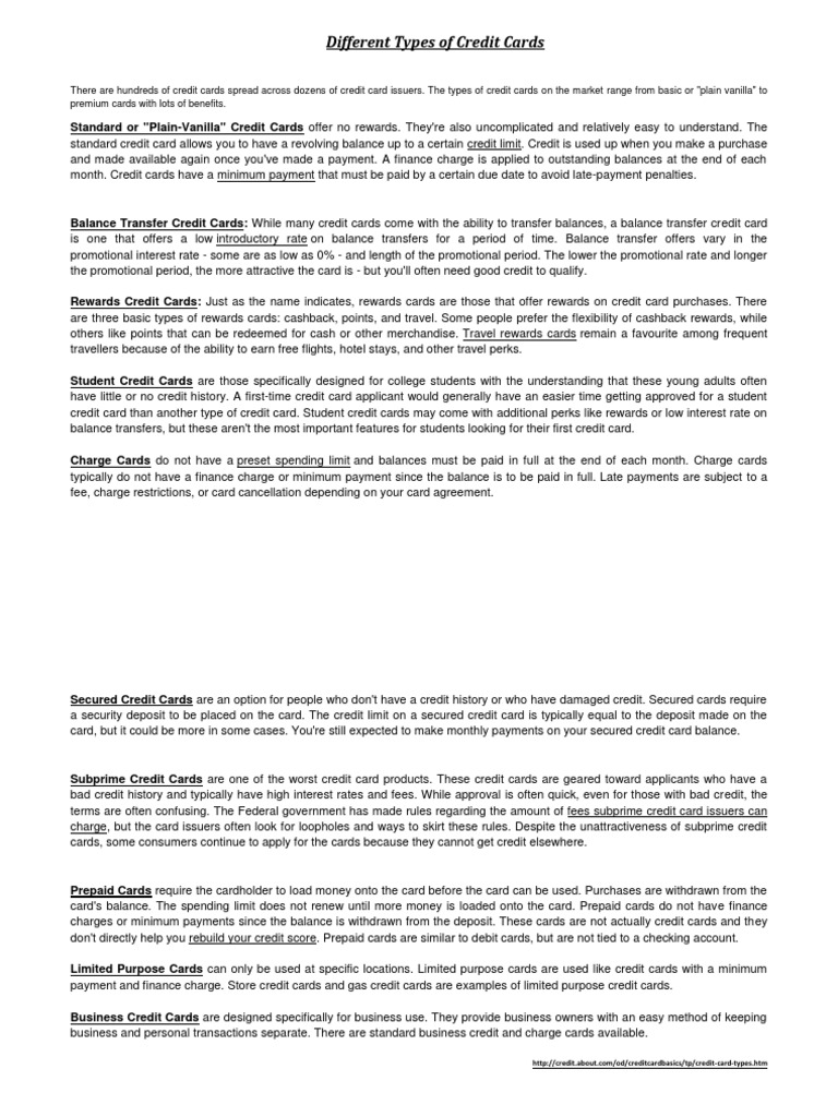 Different Types of Credit Cards PDF | PDF | Credit Card | Debit Card
