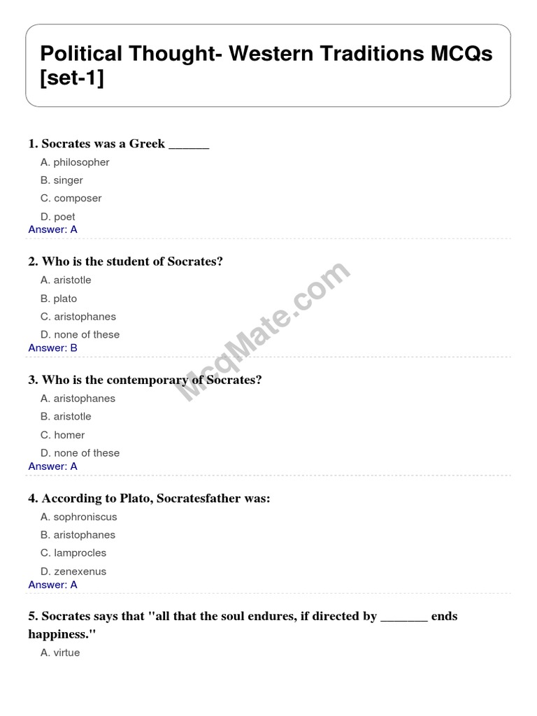 Political Thought - Western Traditions Solved MCQs (Set-1) | PDF