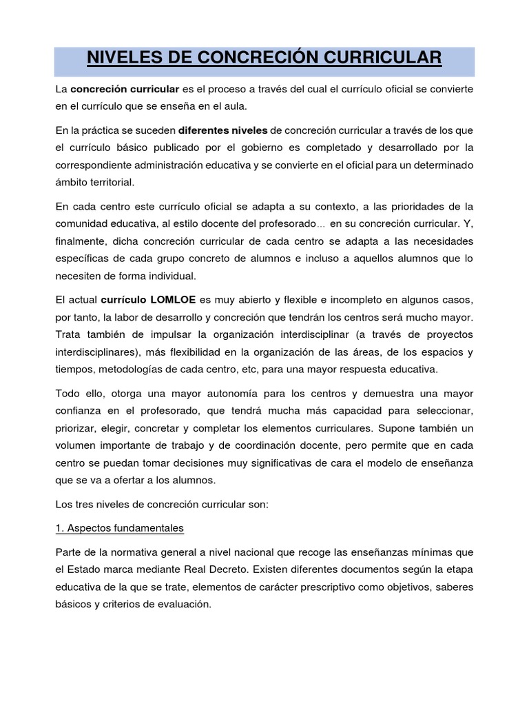 Niveles de Concreción Curricular LOMLOE | PDF