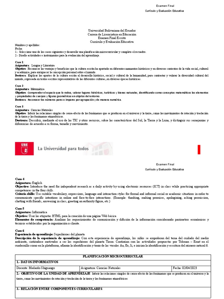 EXAMEN FINAL DE CURRÍCULO Y EVALUACIÓN EDUCATIVA realizado.docx | PDF | Plan de estudios ...