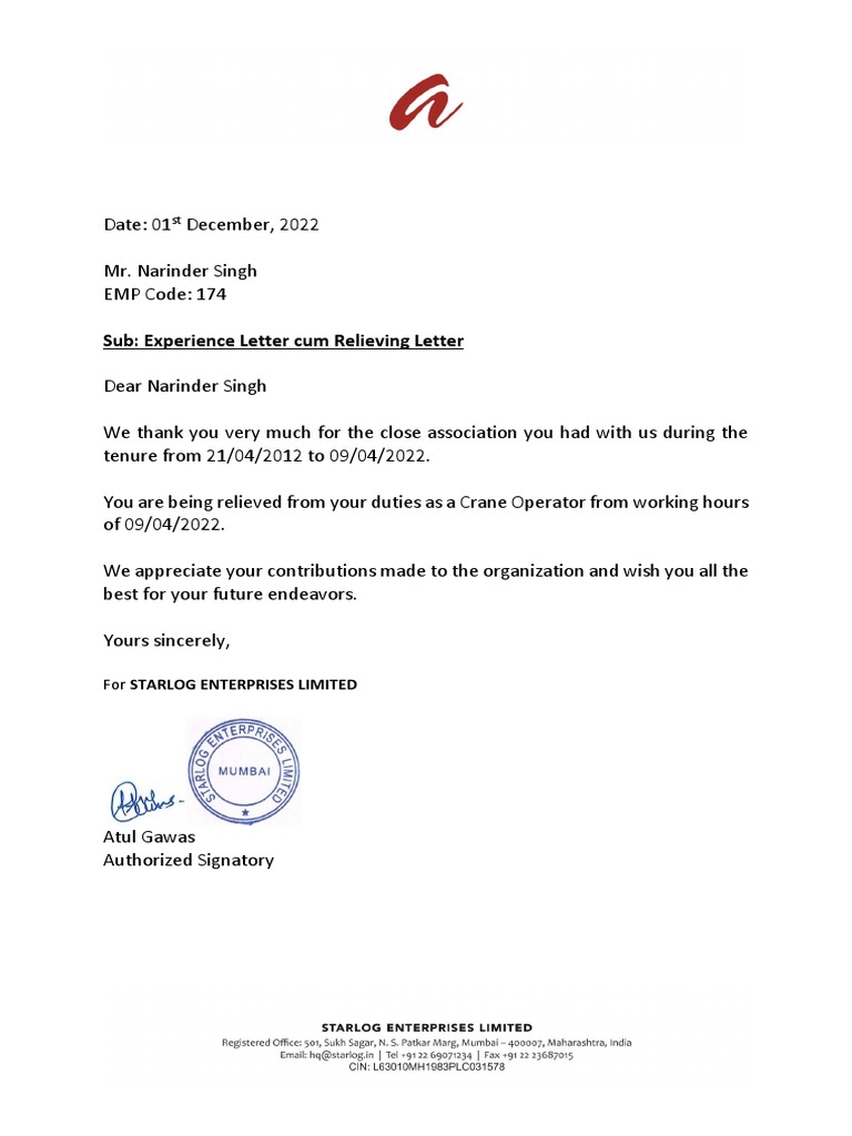 Narinder Singh - Experience Letter | PDF