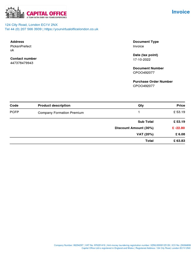 Invoice for Company Formation Premium | PDF