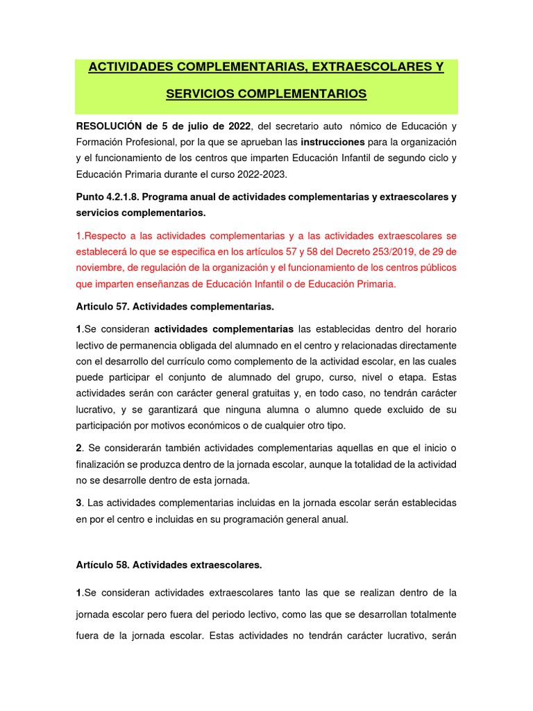 Actividades Complementarias y Extraescolares | PDF | Educación primaria | Educación de la ...