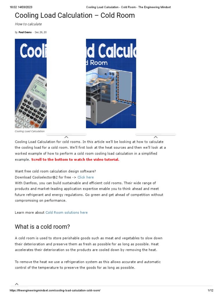 Cooling Load Calculation - Cold Room - The Engineering Mindset | PDF