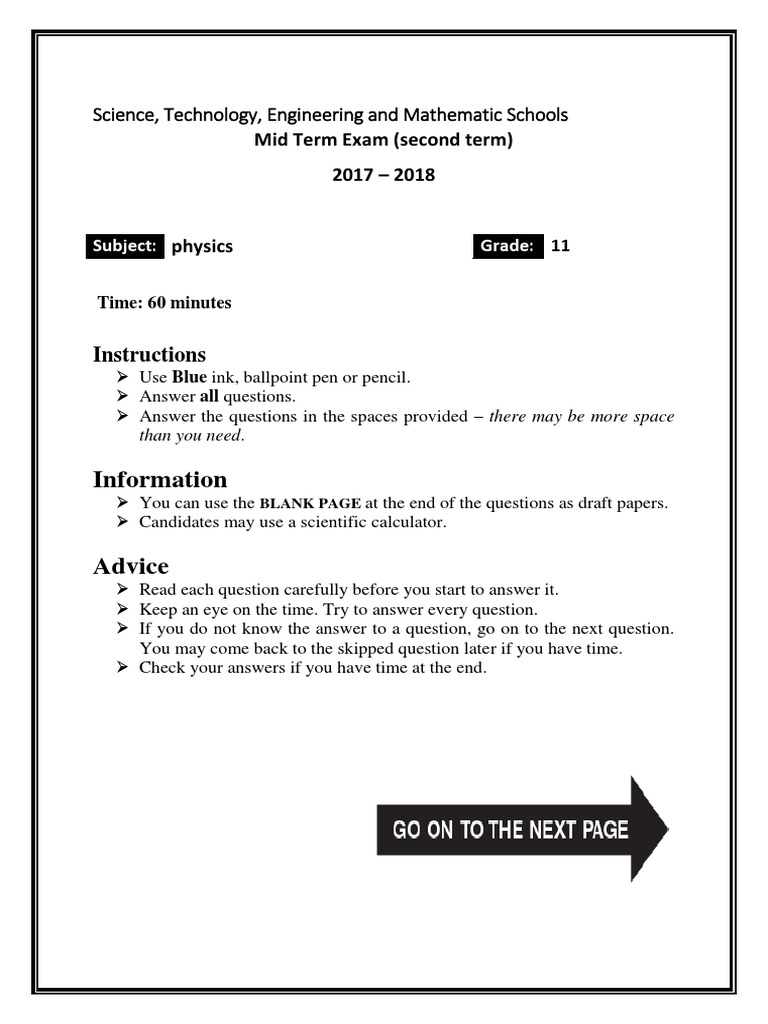 Grade 11 Physics Midterm Exam 2018 | PDF