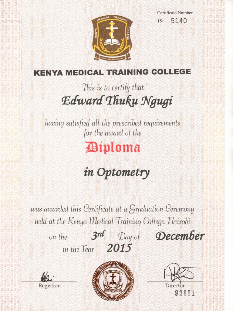 Kenya Medical Ttraining College Certificate | PDF