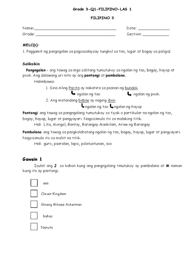 Grade 3-Q1-FILIPINO-LAS M1 PDF | PDF