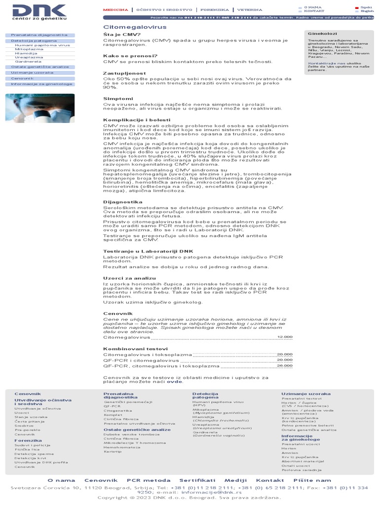 Citomegalovirus - DNK Centar Za Genetiku | PDF