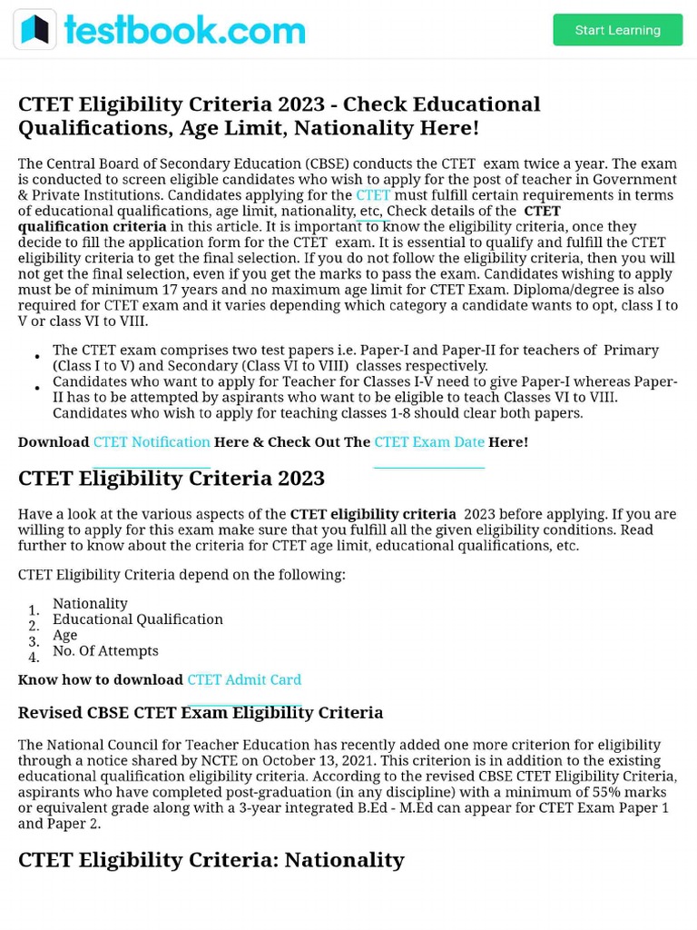 CTET Eligibility Criteria 2023 - Check Educational Qualifications, Age Limit, Nationality Here ...
