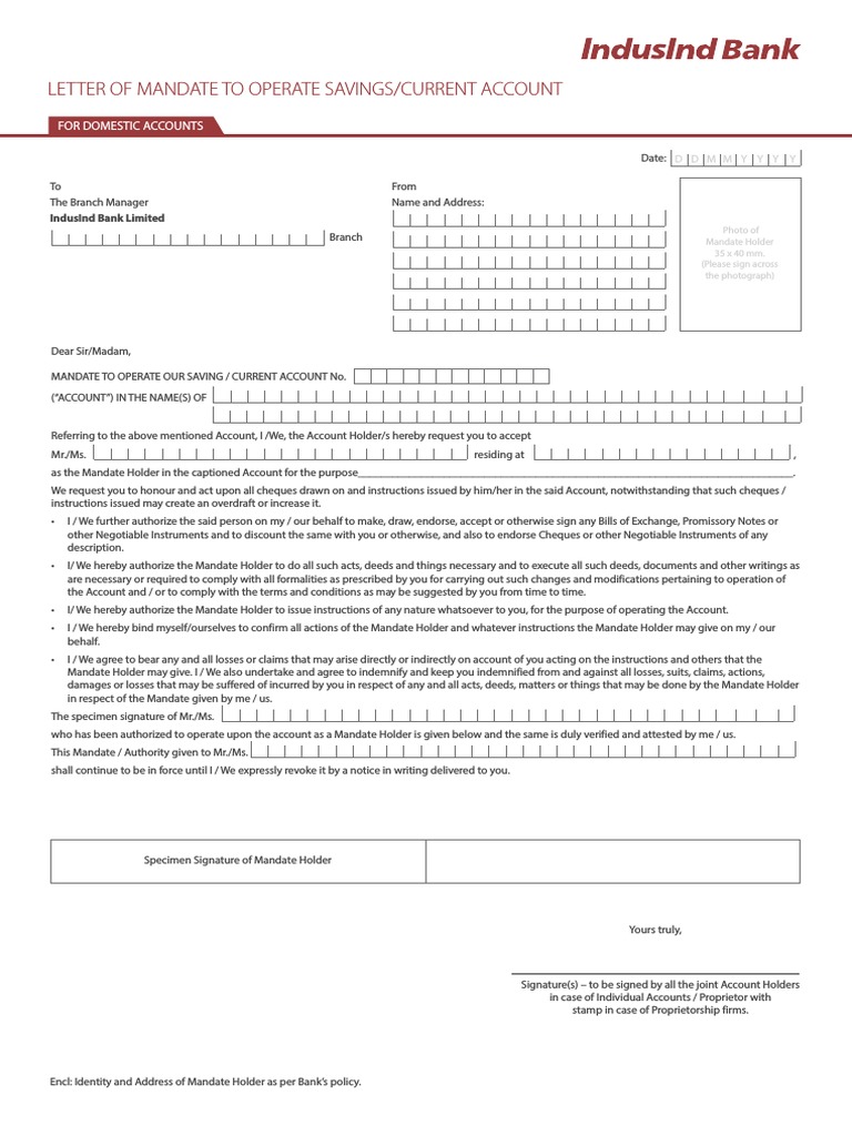 Mandate Letter To Operate Savings and Current Account | PDF