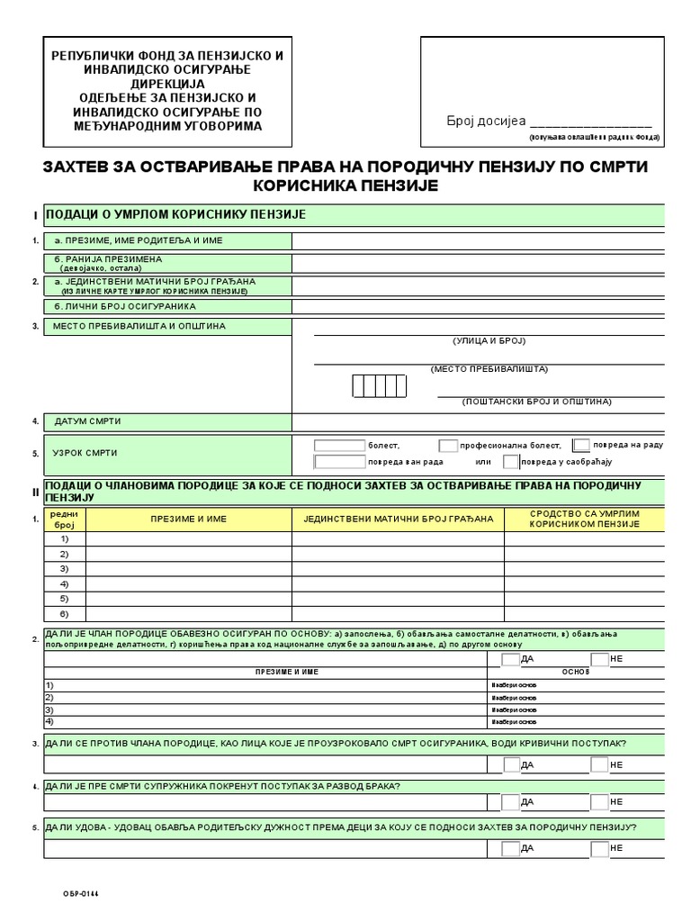 1 3 3 Porodična Penzija Zahtev Za Ostvarivanje Prava Na Porodičnu ...
