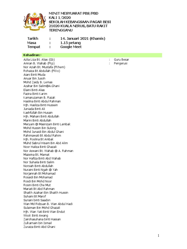 Minit Mesyuarat Pbs 1.2021 | PDF