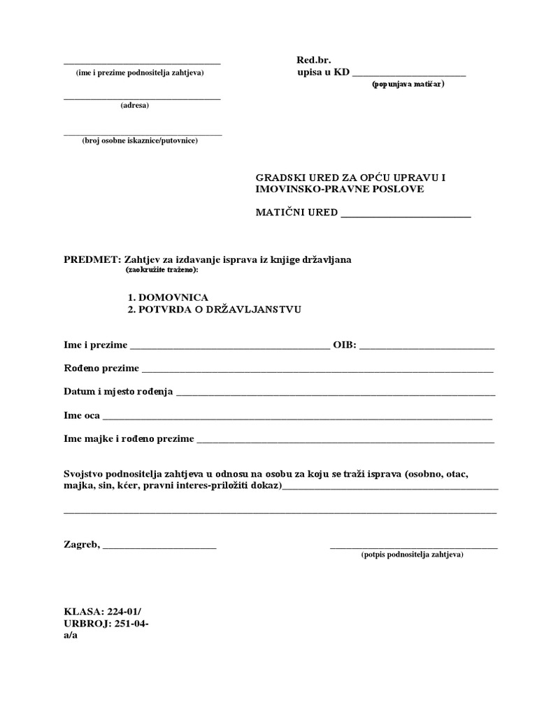 Zahtjev Za Izdavanje Isprava Iz Knjige Državljana | PDF
