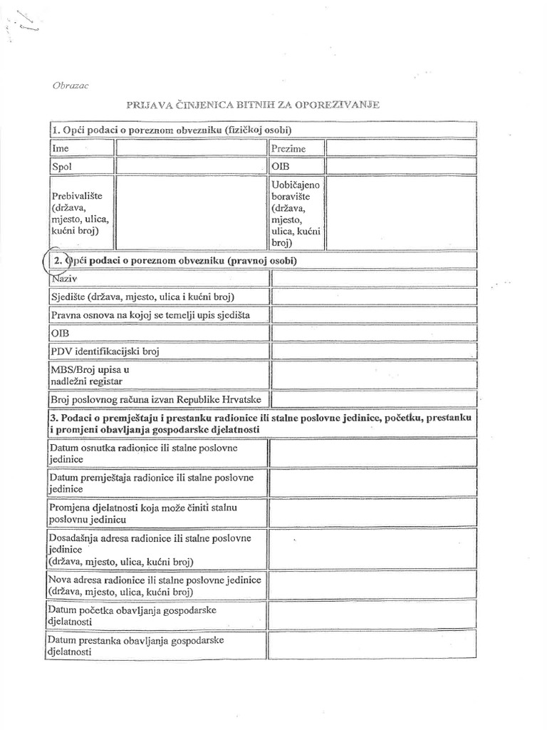 Prijava Činjenica Bitnih Za Oporezivanje | PDF
