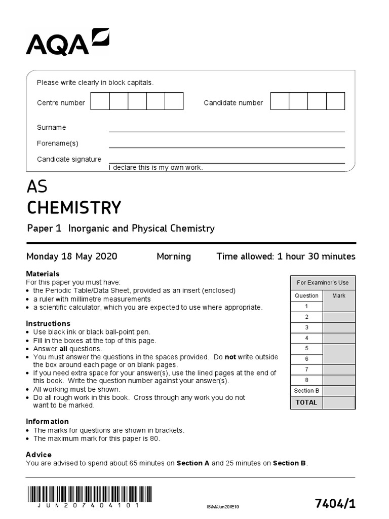 downloadChemistryA Levelpast PapersAQAAS Paper 1June20202020QP20 20Paper20120AQ PDF | PDF