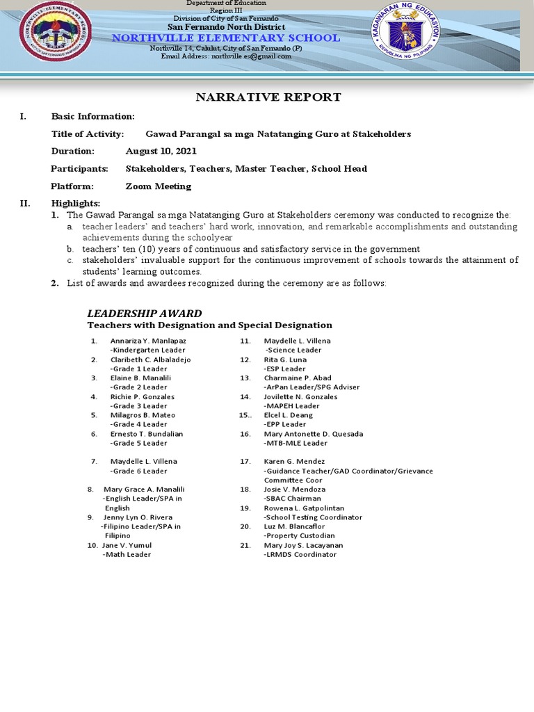 Narrative-Report - GAWAD PARANGAL 2021.aug10 | PDF