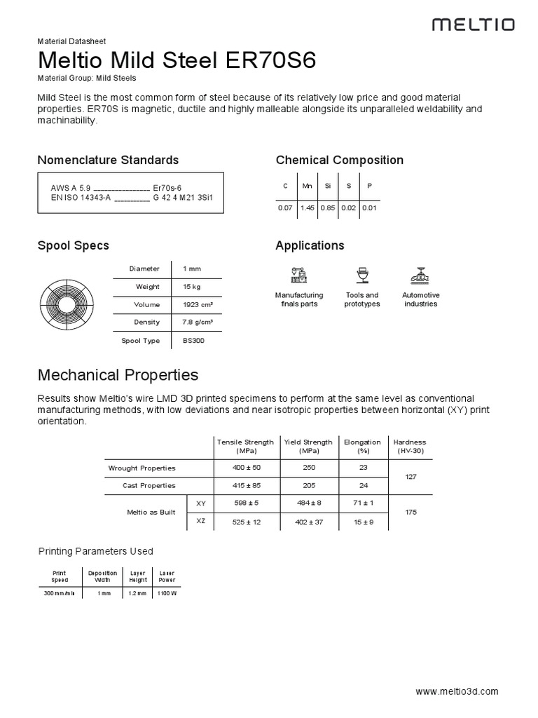 Meltio Mild Steel ER70S - Material - Datasheet | PDF