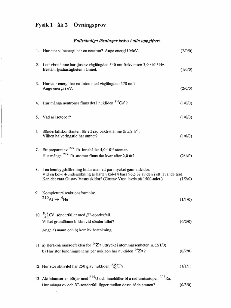 Prov I Fy1a Kärnfysik Vt2022 - Övningsprov PDF | PDF