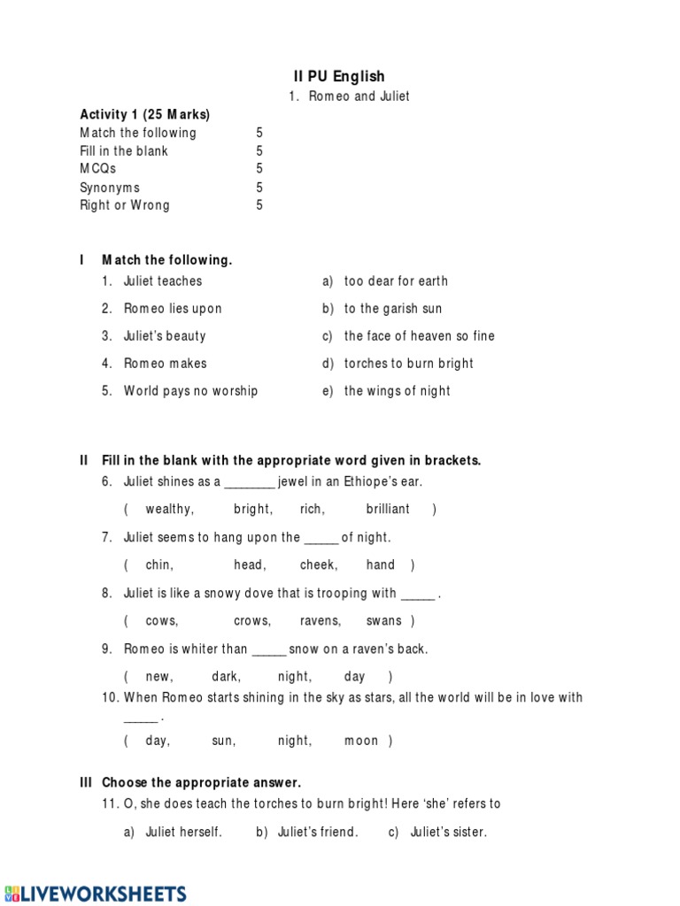 Romeo and Juliet Activity Worksheet | PDF