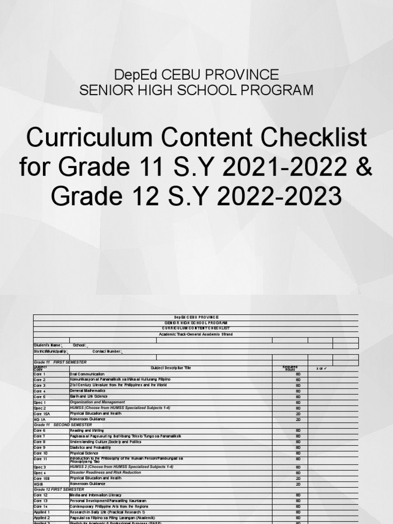 Senior High School Curriculum Checklist | PDF