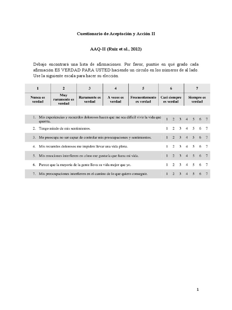 AAQ-II traducido (Ruiz, 2012).docx | PDF